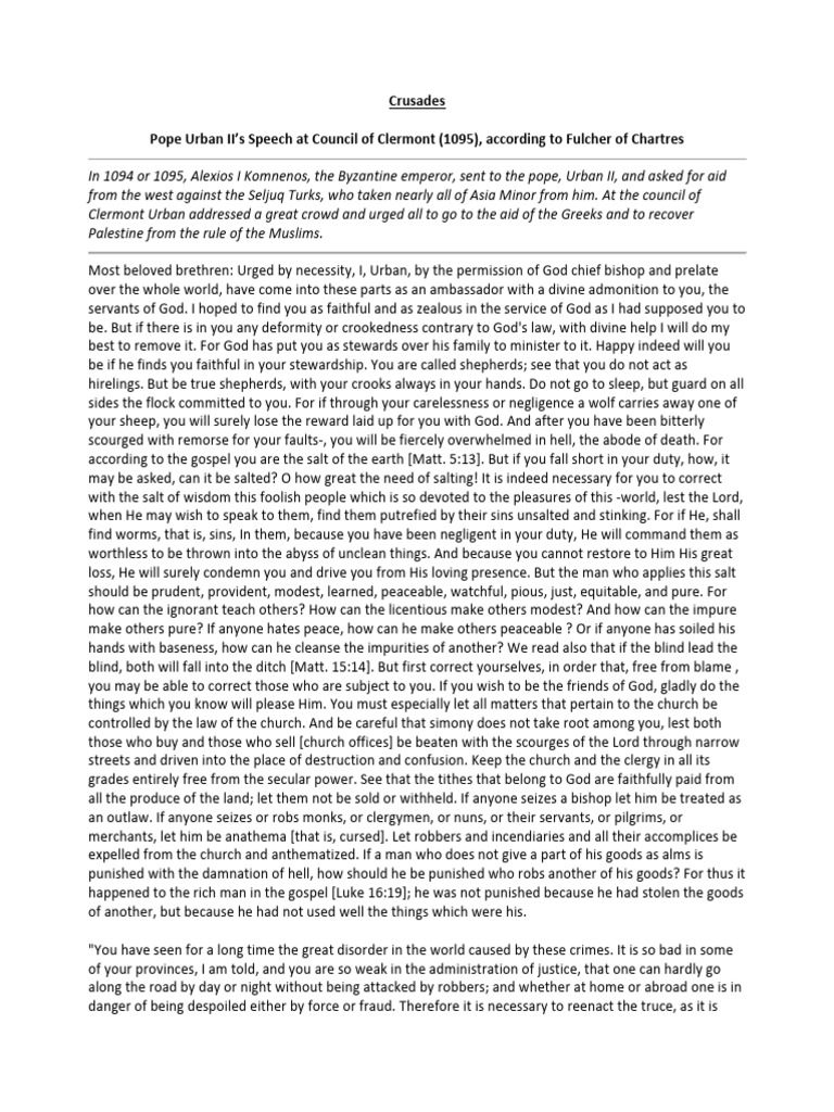 Pope Urban II's 1095 Clermont Speech | PDF | History