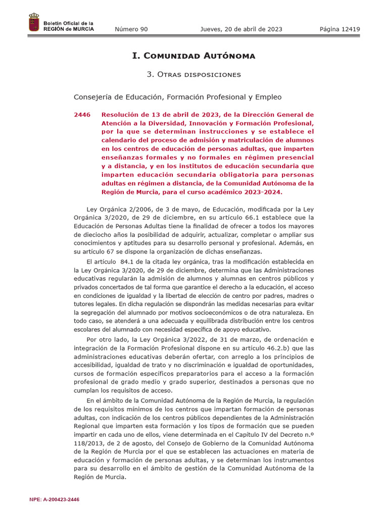 183729-2023 - Resol. Admisión CEPA | PDF | Titulo academico | Educación Secundaria