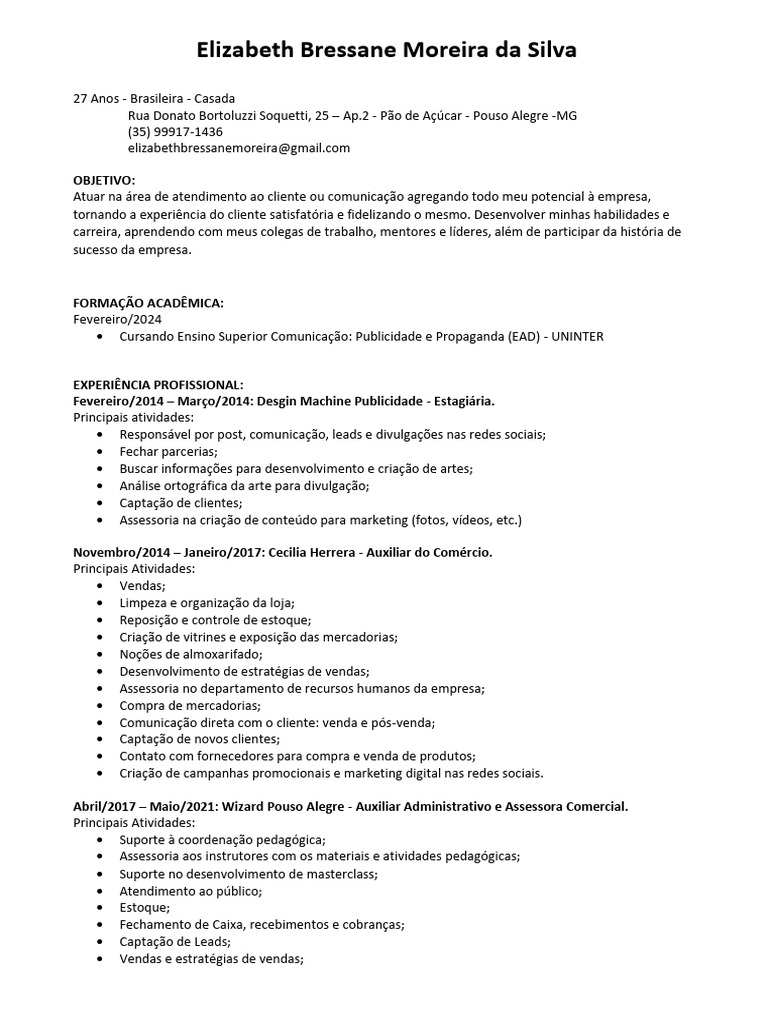 Currículo Elizabeth - Adm | PDF | Marketing | Publicidade