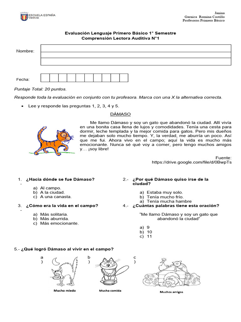 Evaluación Lenguaje 1° Comprensión Lectora Auditiva 1 | PDF | Zoología