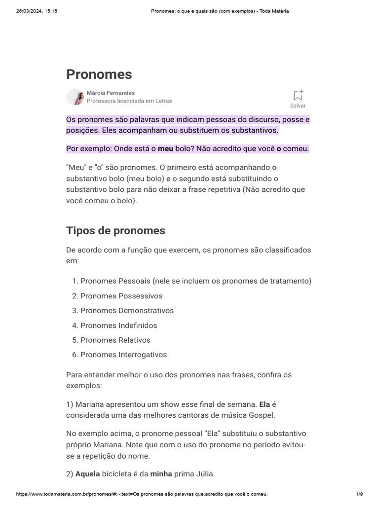 Tipos e Exemplos de Pronomes | PDF | Pronome | Plural