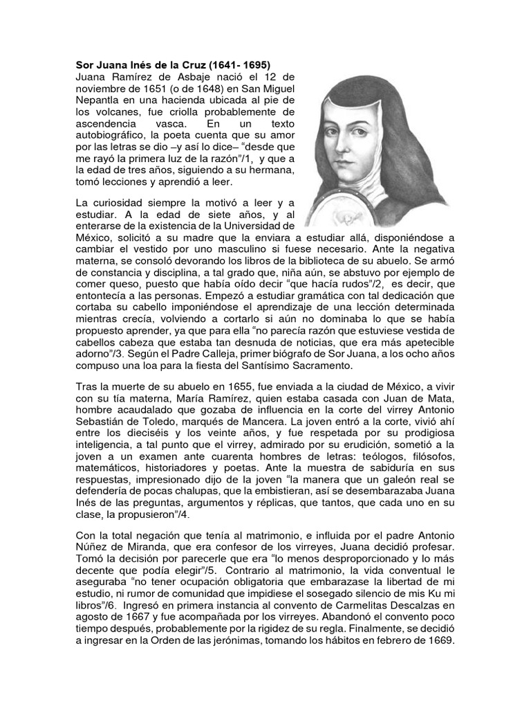Biografía Sor Juana Ines de La Cruz | PDF