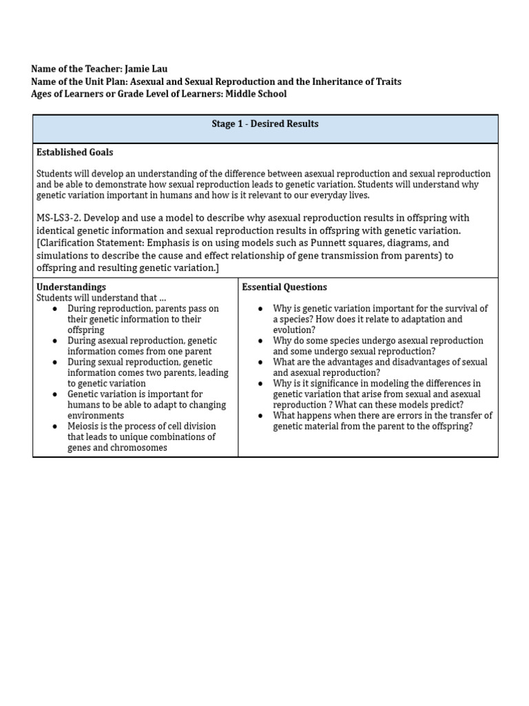 Unit Plan Stages 1 2 and 3 | Download Free PDF | Reproduction | Genetics