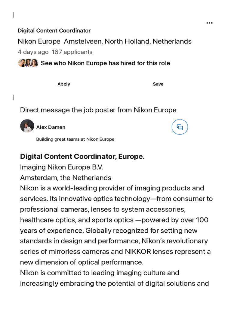 Nikon Europe Hiring Digital Content Coordinator in Amstelveen, North ...