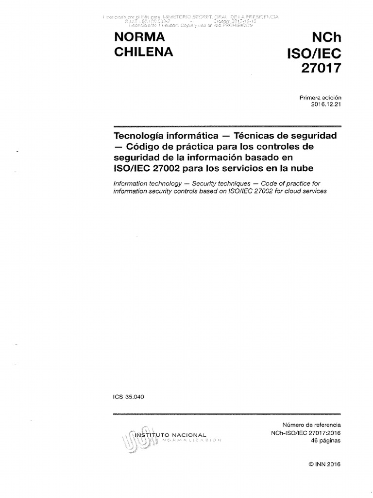 Nch Iso 27017 2016 Pdf