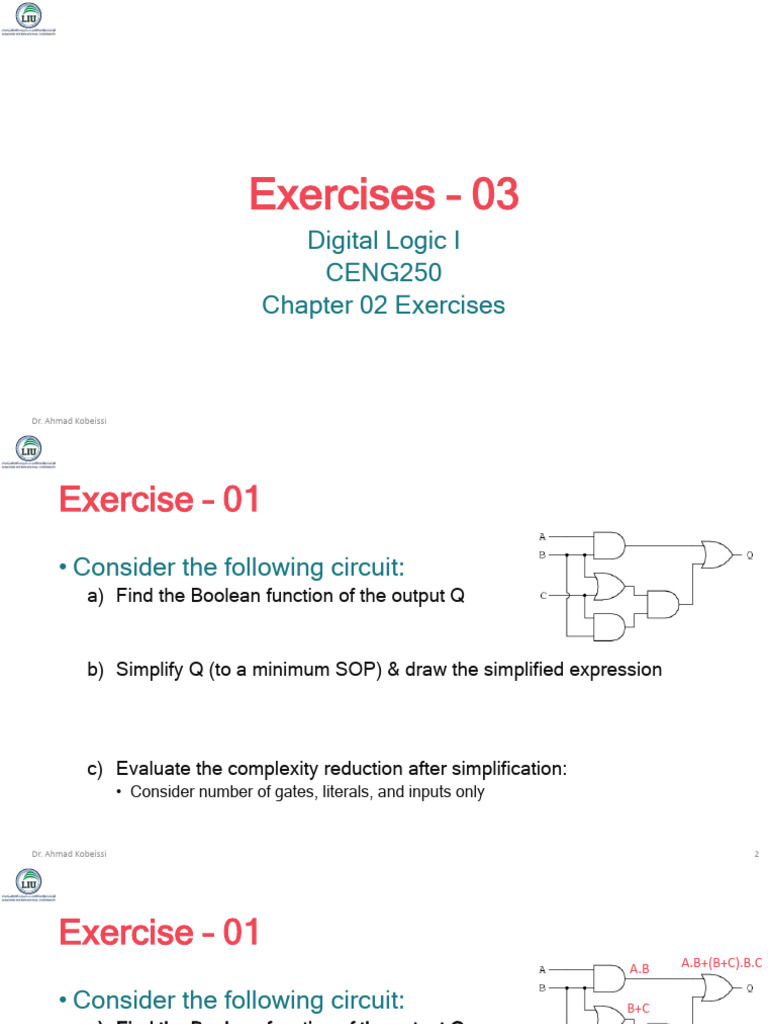 CENG250 03 B Exercises | PDF | Boolean Algebra | Teaching Mathematics