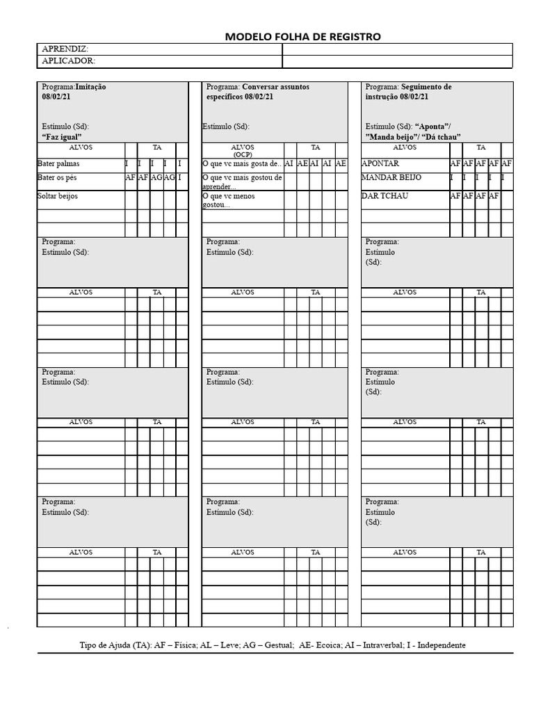 Modelo Preenchimento Folha de Registro ABA | PDF