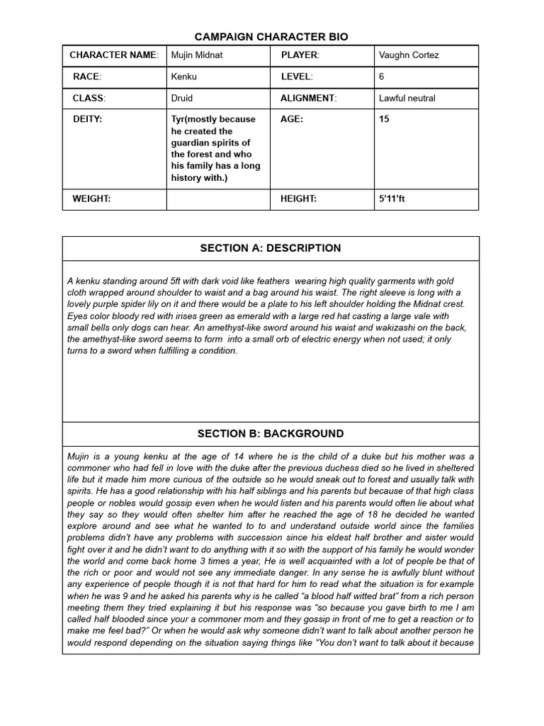 Kenku Druid Character Bio: Mujin Midnat | PDF | Experience