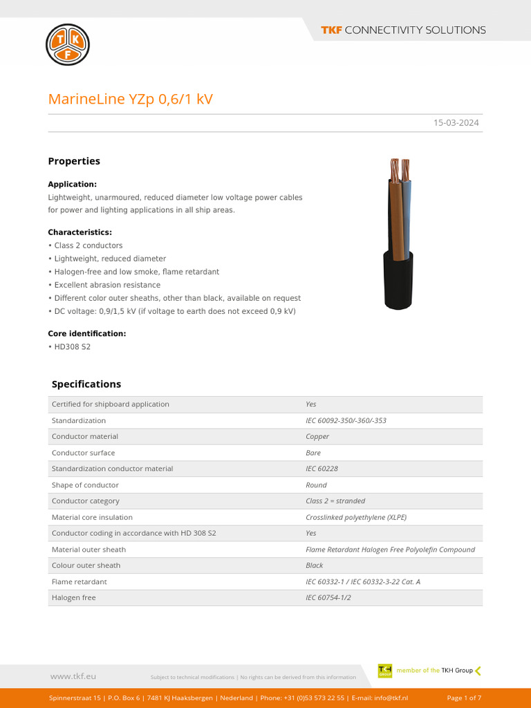 MarineLine YZp 0.6/1 kV Cable Specs | PDF | Electrical Conductor ...