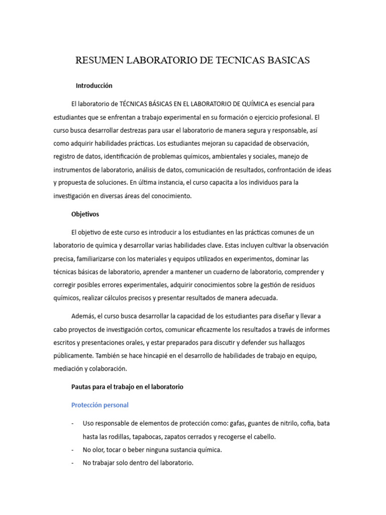 Resumen Laboratorio de Tecnicas Basicas | PDF | Laboratorios | Residuos