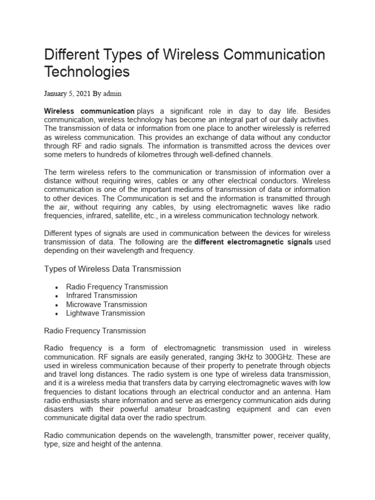 Different Types of Wireless Communication Technologies | PDF