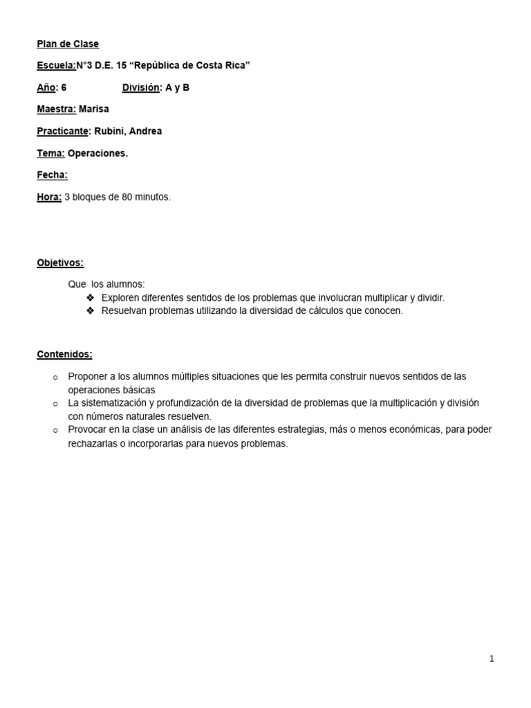 Plan de Clase 6° Matem Operaciones | PDF