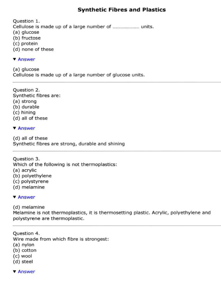 Synthetic Fibres and Plastics MCQ | PDF