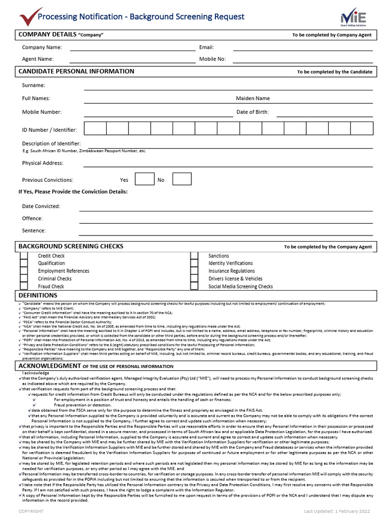 MIE Background Screening Consent Form | PDF | Criminal Record | Privacy