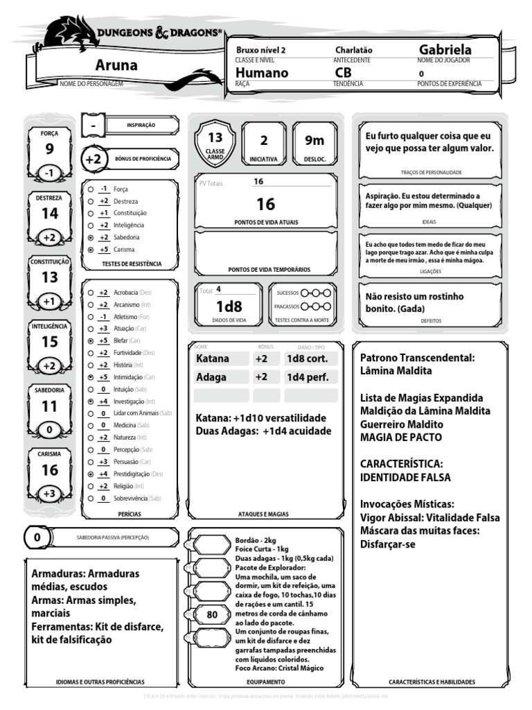 Ficha de Personagem: Bruxo Nível 2 | PDF