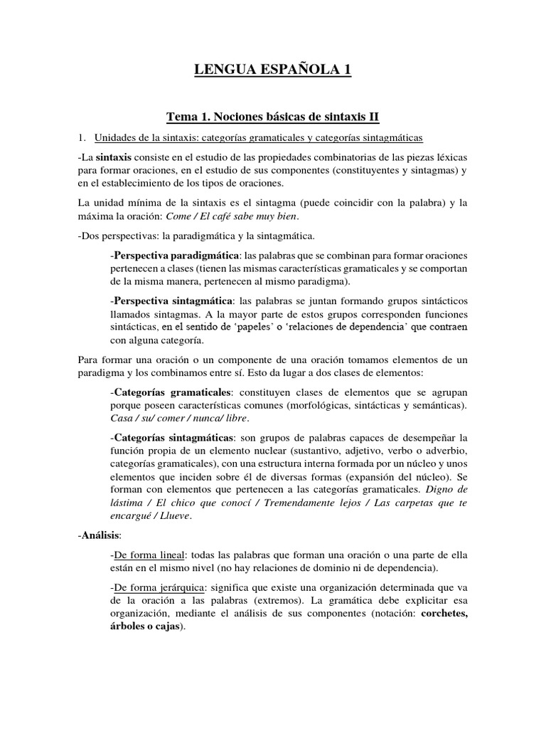 Tema 1. Nociones Básicas de Sintaxis II | PDF | Palabra | Oración (Lingüística)