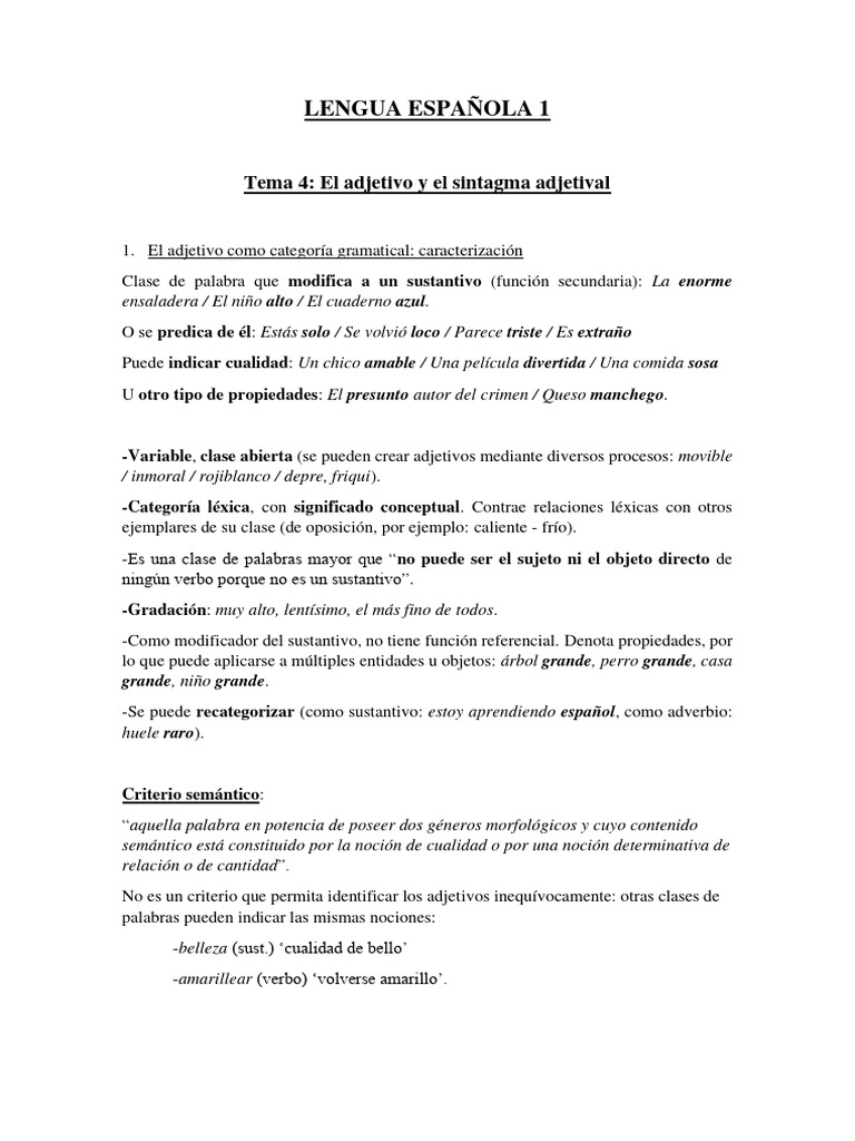 Tema 4. El Adjetivo y El Sintagma Adjetival | PDF | Adjetivo | Palabra