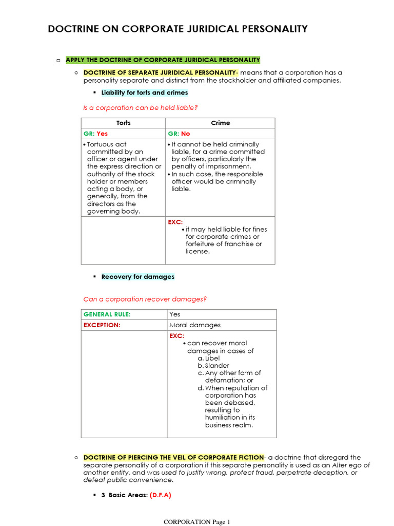 Doctrine On Corporate Juridical Personality | PDF | Legal Liability ...