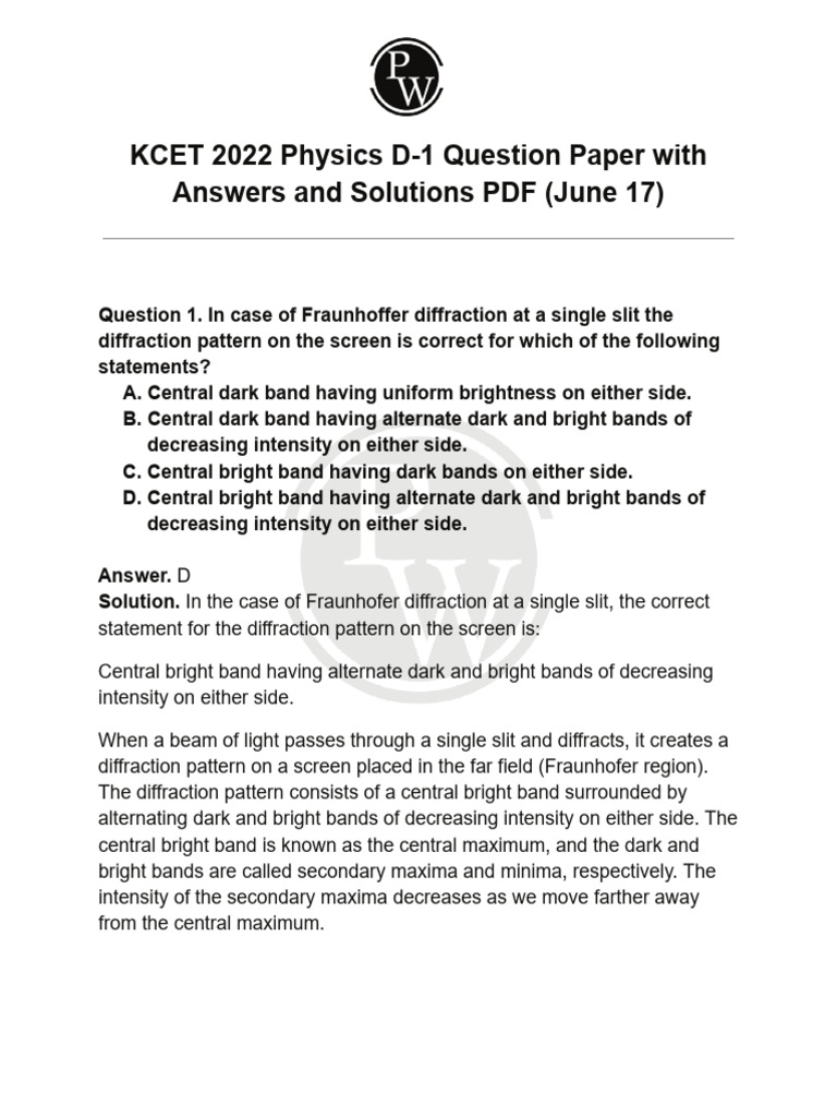KCET 2022 Physics Solutions | PDF | Diffraction | Electromagnetic Induction