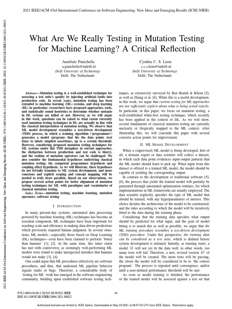 Mutation Testing in ML Systems | PDF | Machine Learning | Test Driven ...