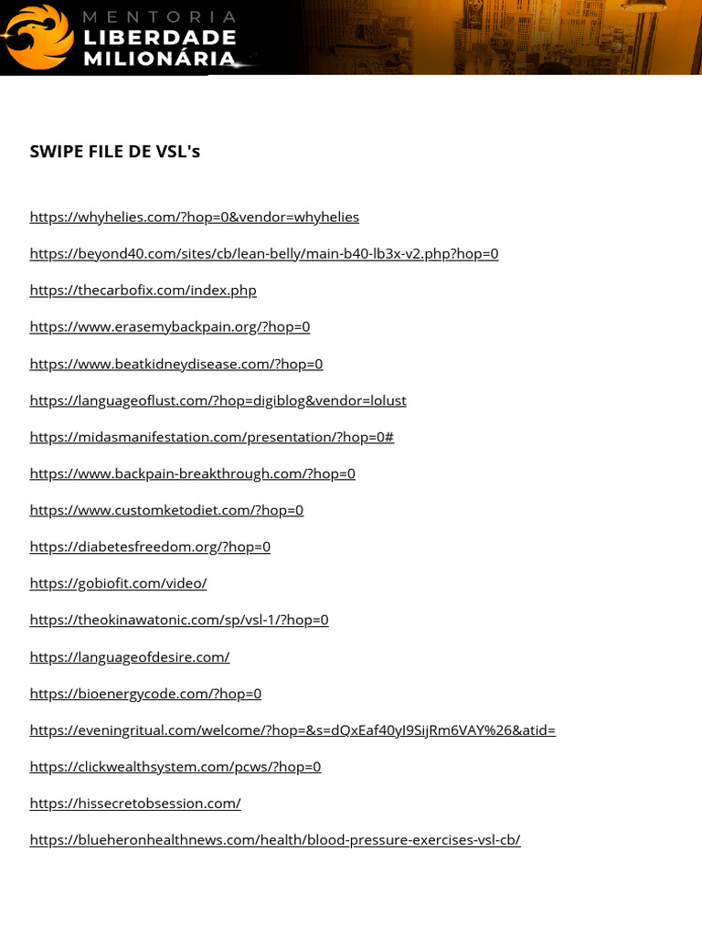 VSL Swipe File: Top Health & Lifestyle Links | PDF | Computers