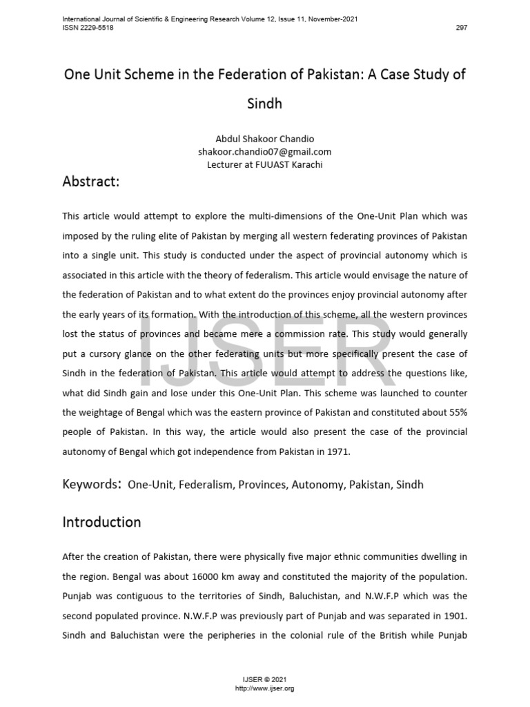 One Unit Scheme in The Federation of Pakistan A Case Study of Sindh ...