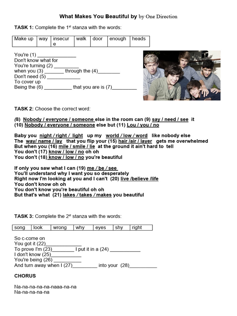One Direction "What Makes You Beautiful" Lyrics Completion Guide | PDF
