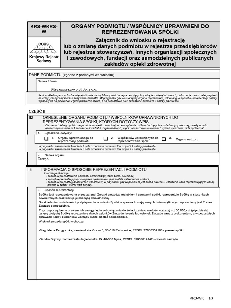 Krs - Form - WK Organ Reprezentujący Spółkę - Zarząd | PDF
