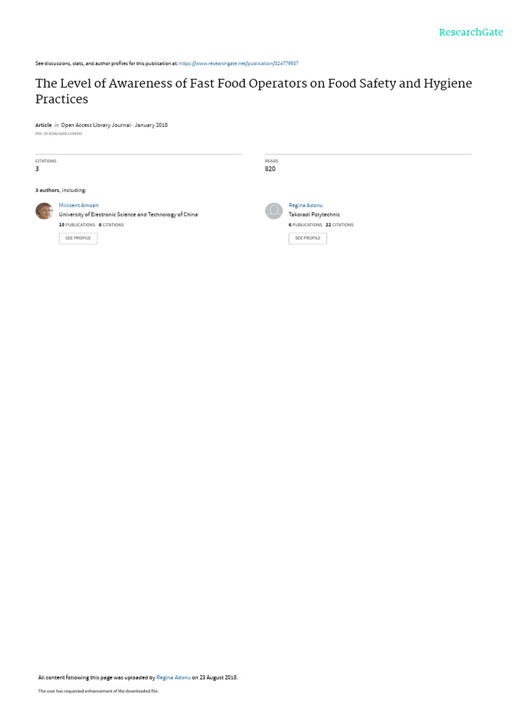 The Level of Awareness of Fast Food Operators On F | PDF | Food Safety ...