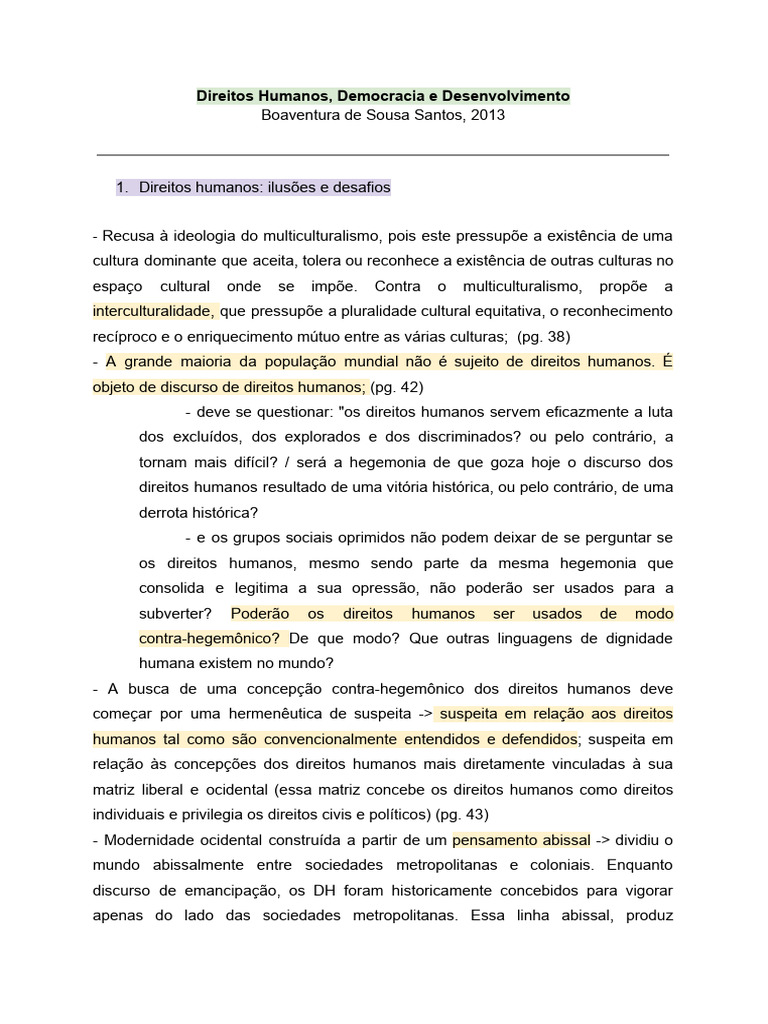 Resumo Livro - Direitos Humanos, Democracia e Desenvolvimento - Boaventura de Sousa Santos | PDF ...
