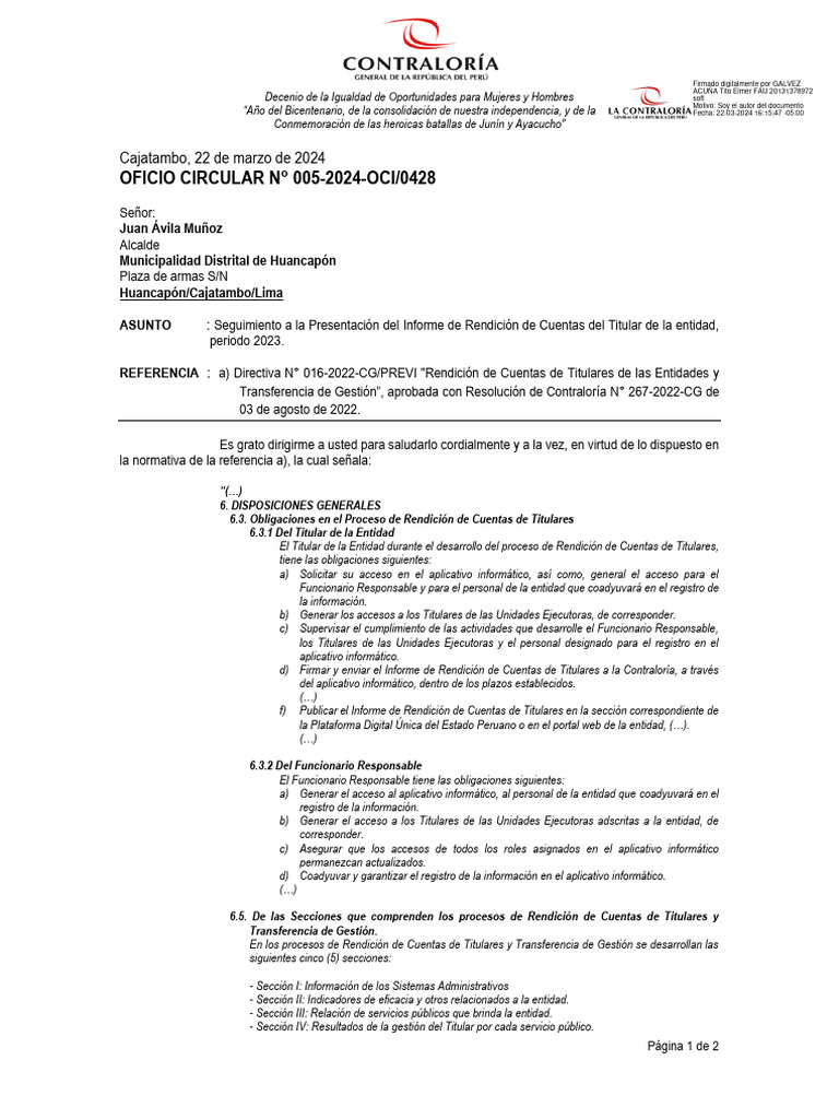 Oficio Circular #005-2024-CG-0428 - MDH | PDF | Responsabilidad | Gobierno