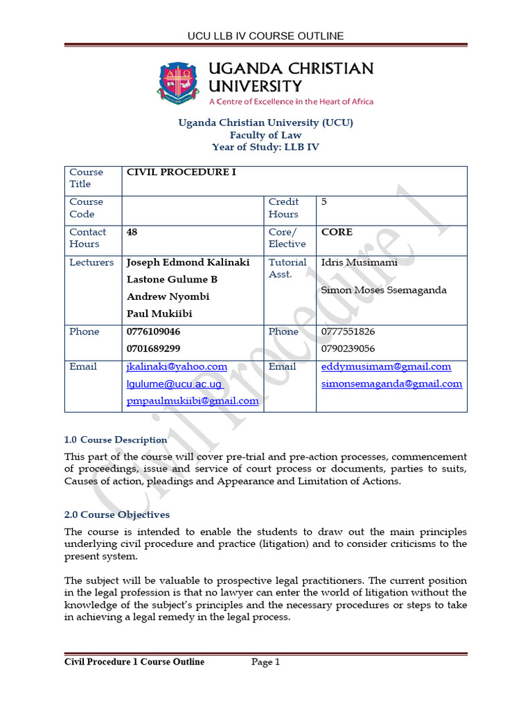 LLB IV - Course Outline CP1 - 2022 - 23 - UCU | PDF | Lawsuit | Judiciaries