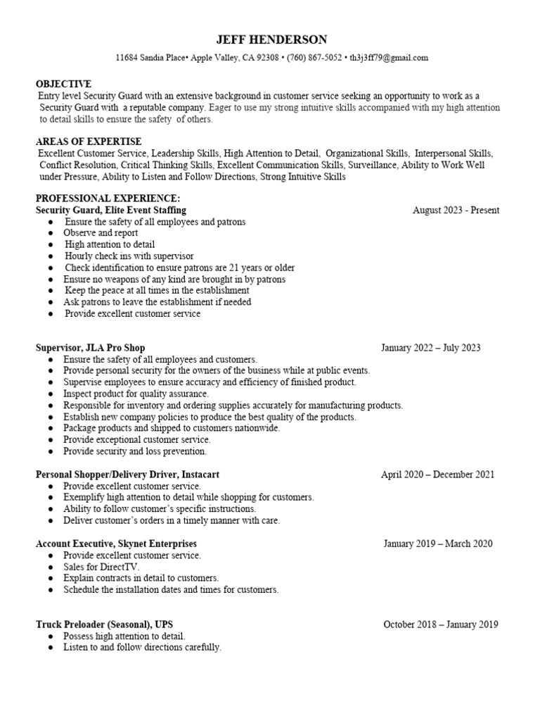 Resume of Jeff Henderson | PDF | Cargo | Security Guard