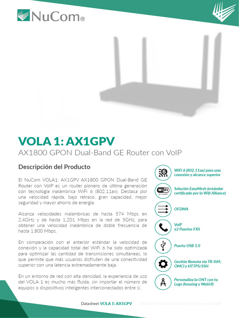 Router NuCom VOLA1: AX1800 GPON VoIP | PDF | Ieee 802.11 | Wifi