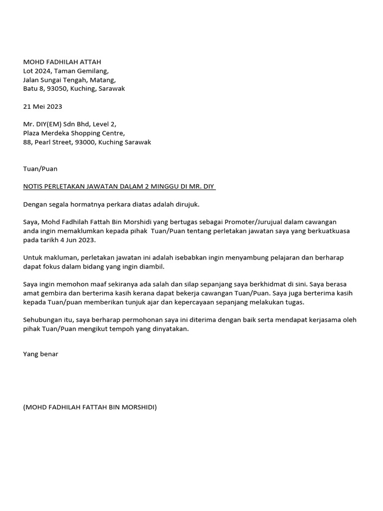 Contoh Surat Berhenti Kerja Pdf