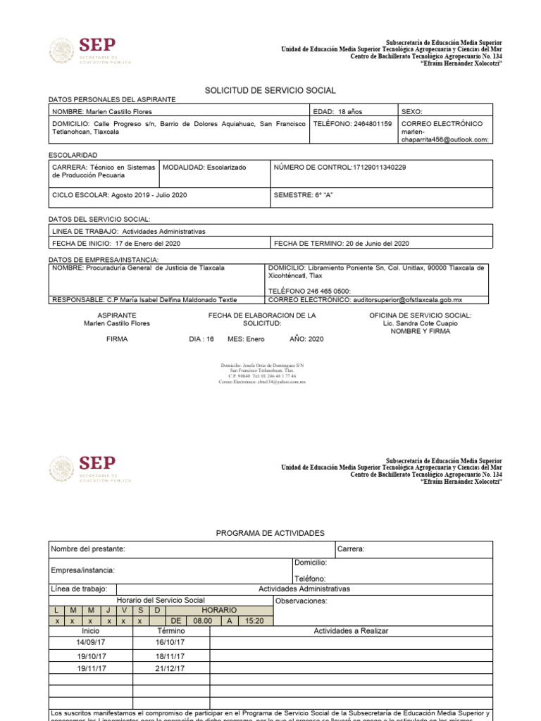 Solicitud de Servicio Social CBTa 134 | PDF