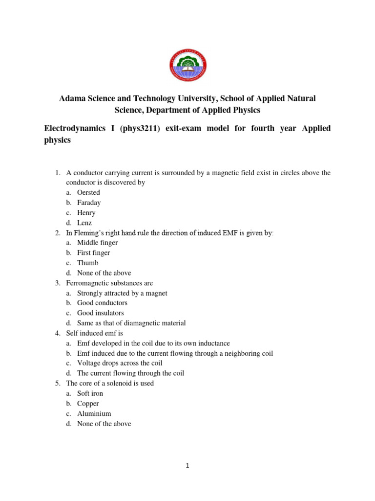 Electrodynamics Exit-Exam-1 | PDF | Electromagnetic Induction | Magnetic Field