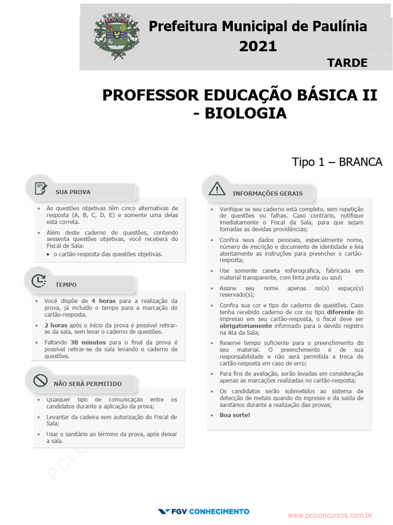 Prova Professor Biologia Paulínia 2021 | PDF | Pedagogia | Músculo