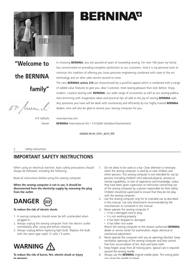 Bernina Activa 210 Sewing Machine Instruction Manual | PDF | Sewing ...