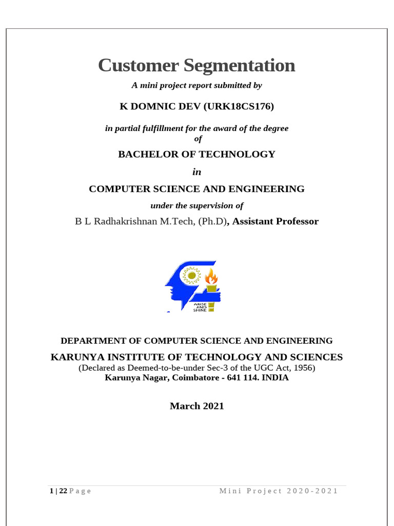Customer Segmentation: K Domnic Dev (Urk18Cs176) | PDF | Market Segmentation | Cluster Analysis