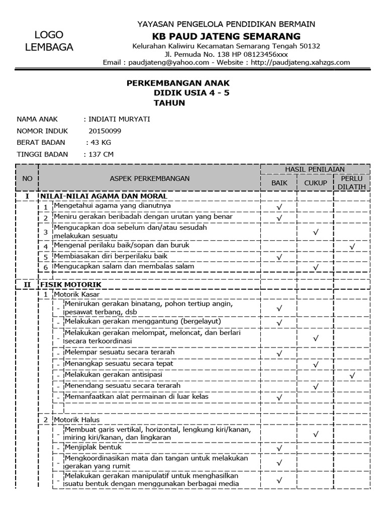 (123dok - Com) Contoh Raport Paud Otomatis TK 4 5 THN | PDF