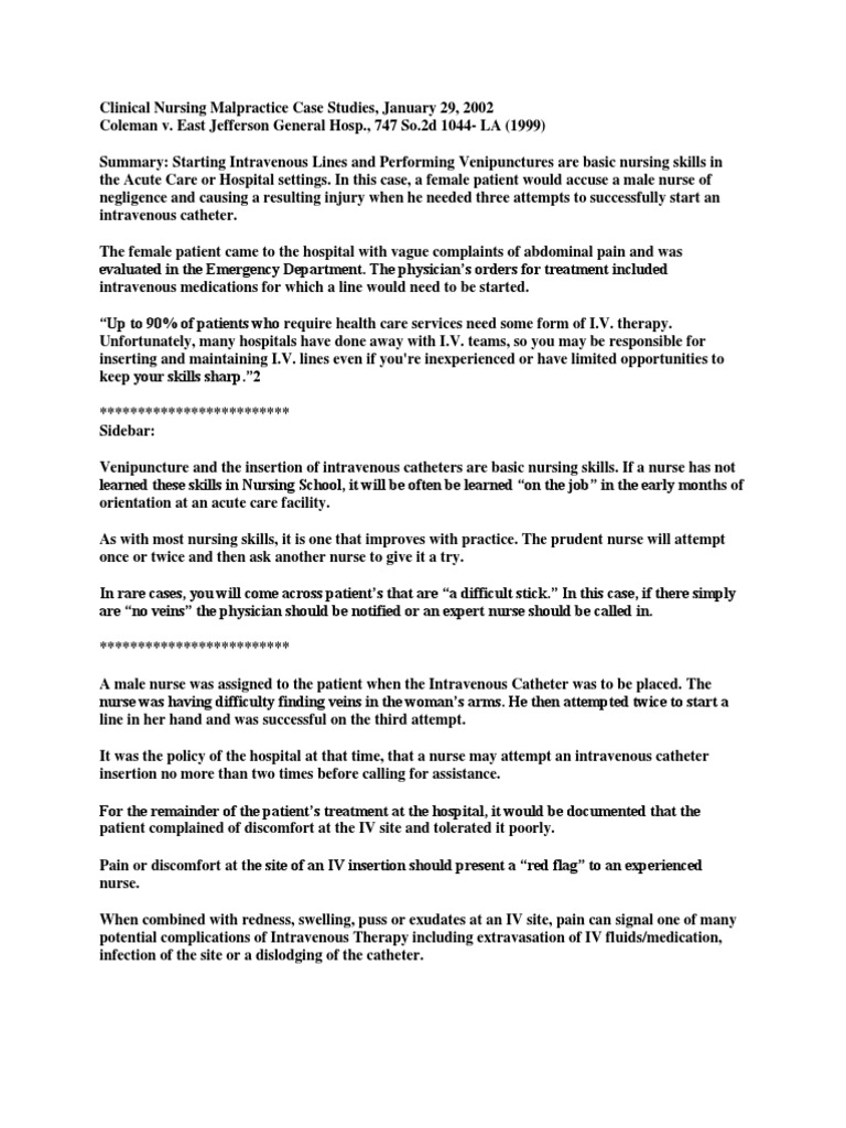 Clinical Nursing Malpractice Case Studies | Intravenous Therapy | Nursing