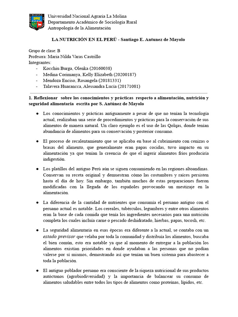 REFLEXION GRUPAL TEXTO de S. Antúnez de Mayolo - Sala 4 | PDF | Alimentos | Nutrición
