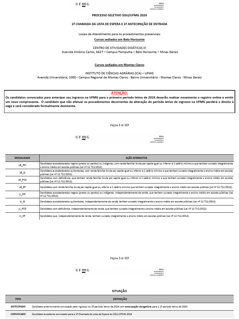 1a Chamada Da LP e 1a Antecipacao SISU 2024 | PDF | Testes padronizados ...