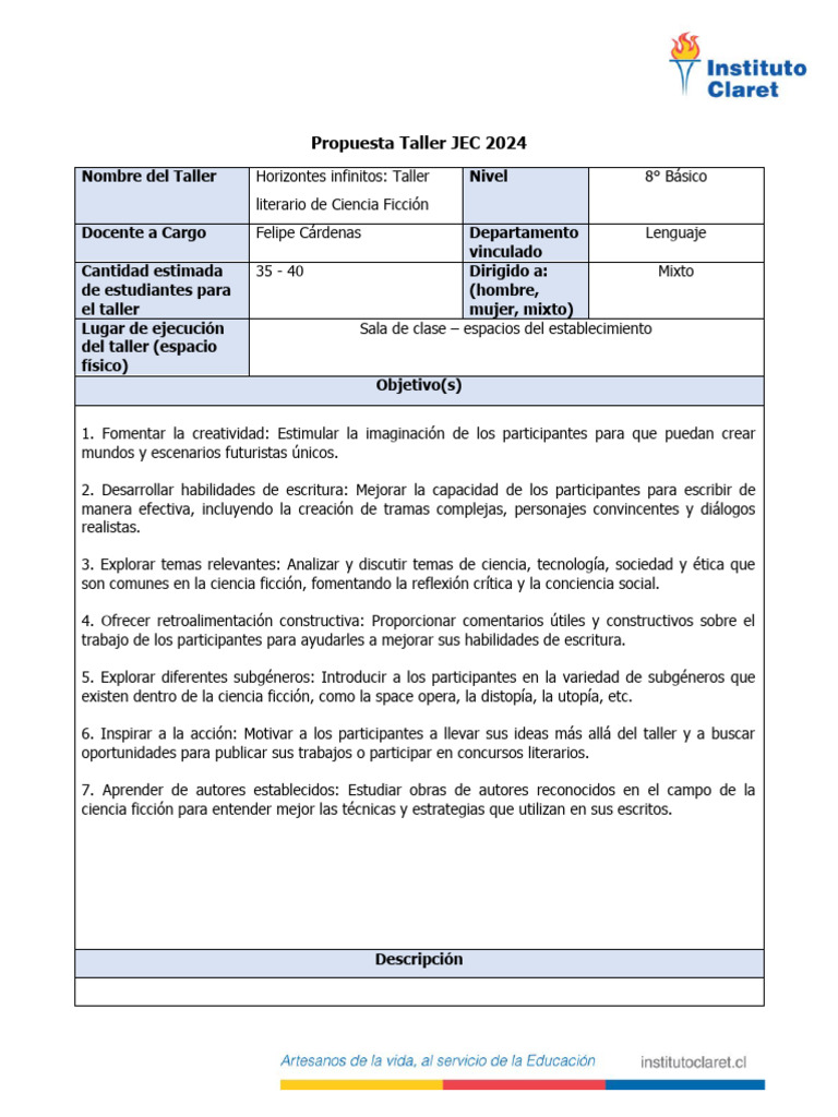 Propuesta Taller Jec | PDF | Lápiz | Ciencia ficción