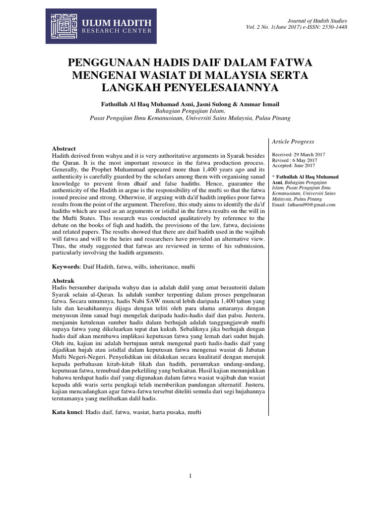Daif Hadiths in Malaysian Fatwas | PDF | Hadith | Fatwa