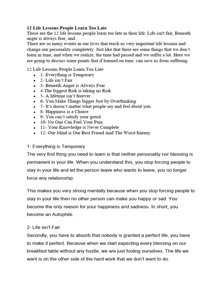 12 Life Lessons People Learn Too Late | PDF | Happiness | Thought