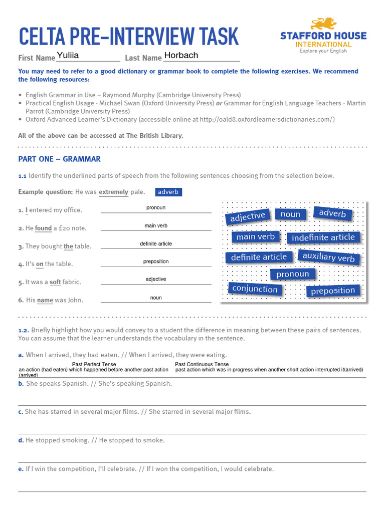 1.2 CELTA Pre-Interview Task Editable - Yuliia - Horbach | Download Free PDF | Verb | English ...