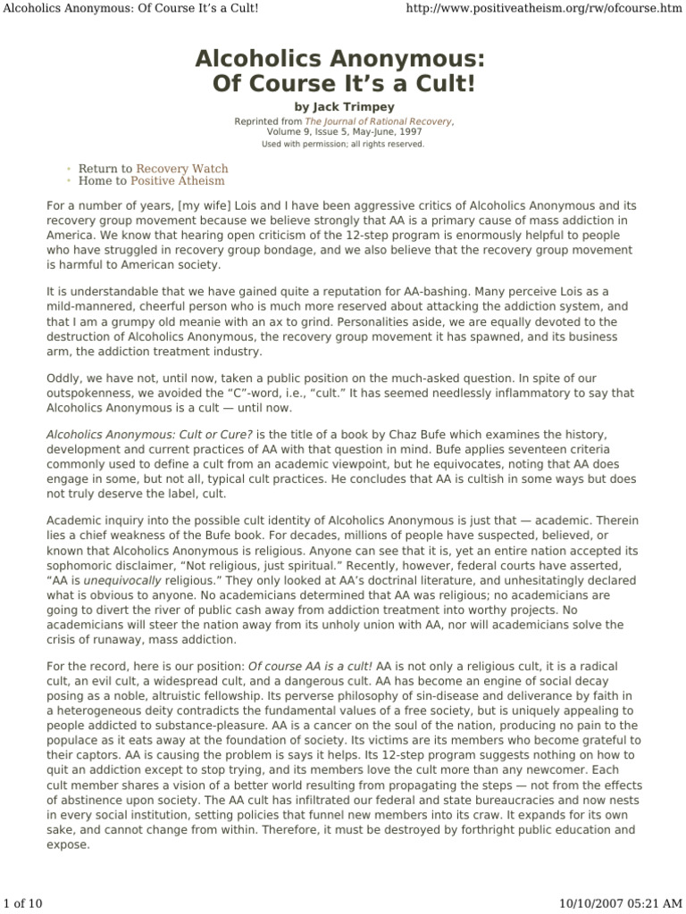 Alcoholics Anonymous - of Course It - S A Cult | PDF | Alcoholics ...
