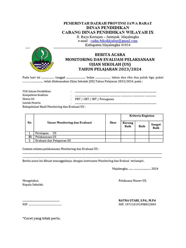 Berita Acara MONEV US Atau PSAJ 2024 | PDF
